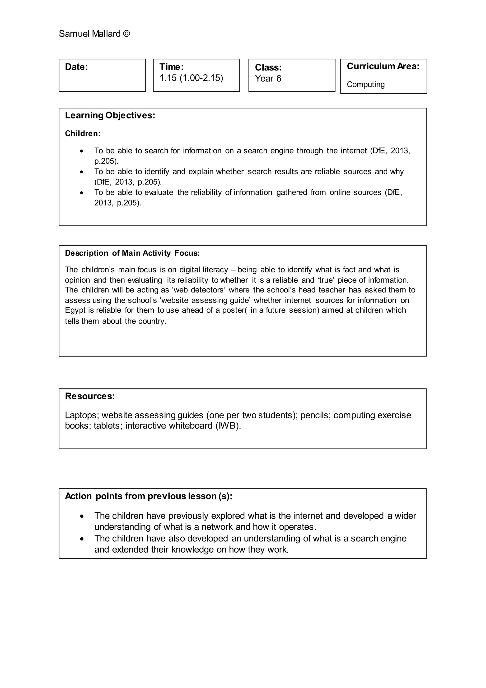Year 6 lesson plan - digital information | DOCX | Educational ...