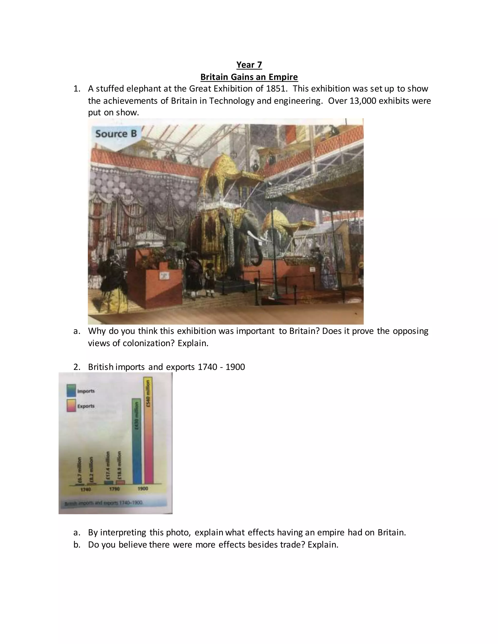 Year 7 britain gains an empire worksheet | DOCX