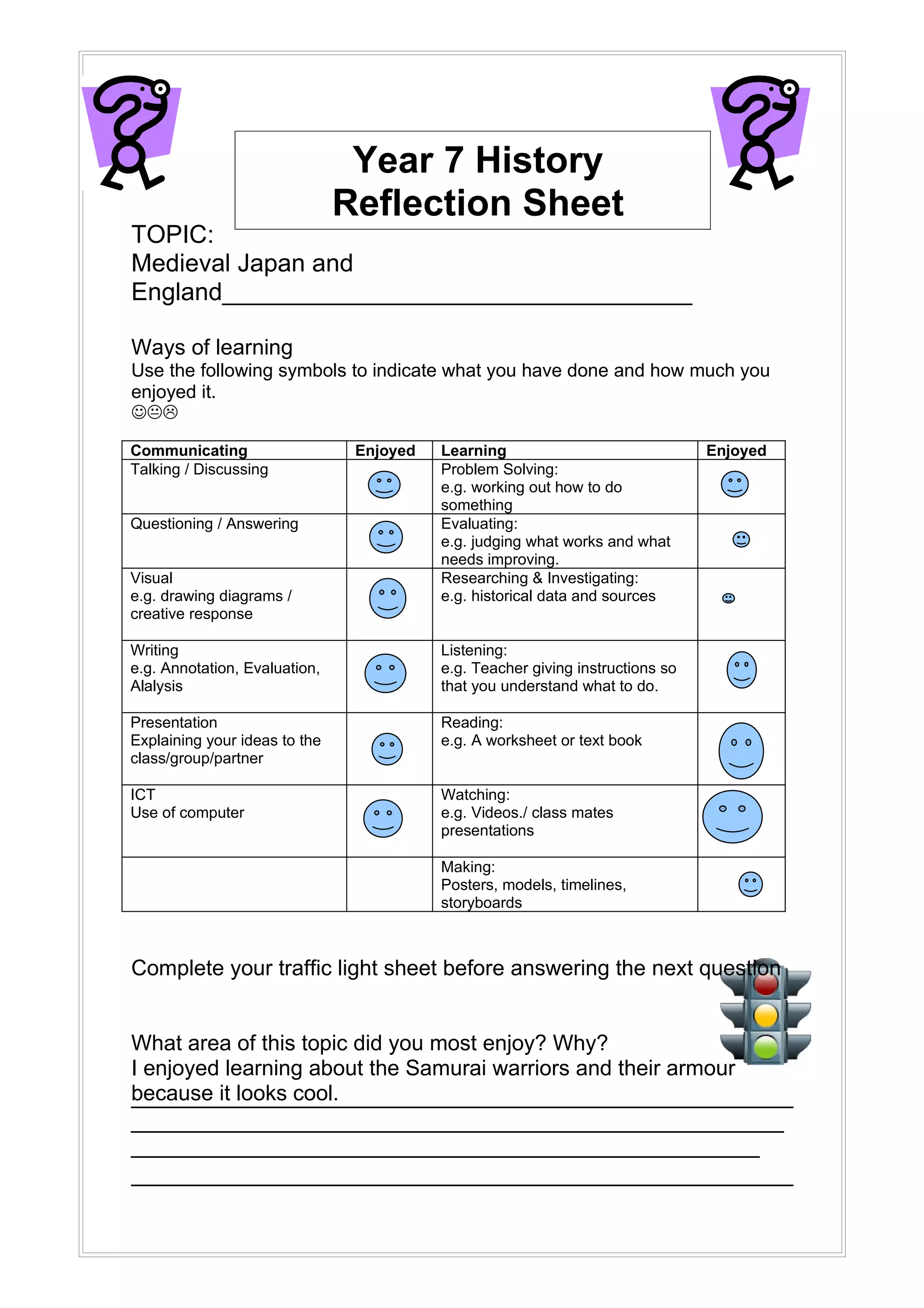Year 7 history reflection sheet | DOC