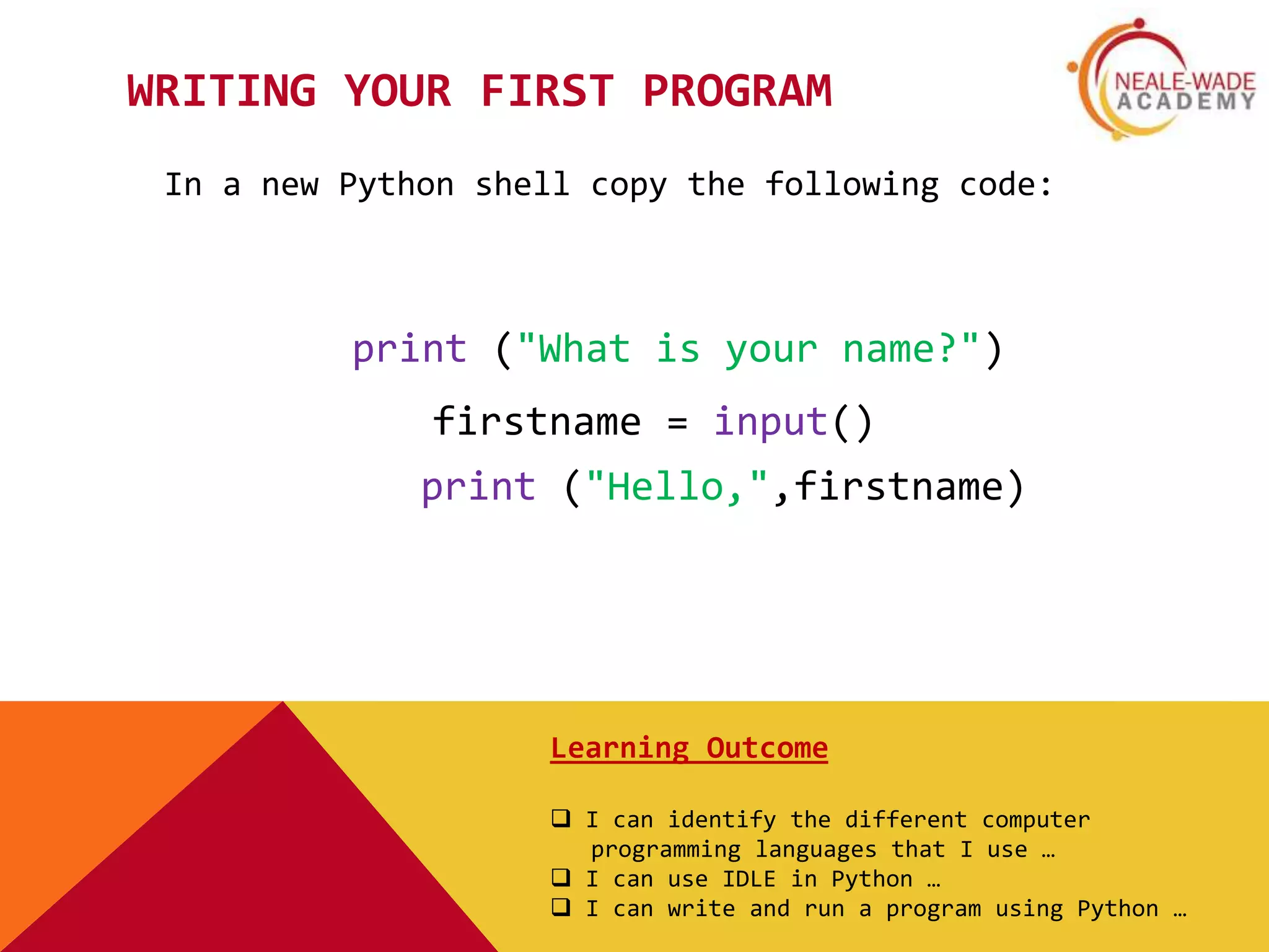 Year 7 lesson 1 introduction to programming | PPTX