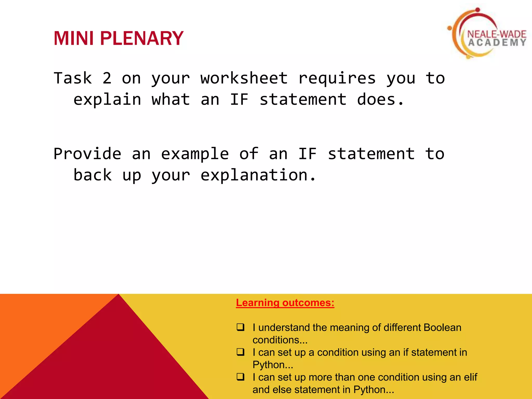 Year 7 lesson 5 if statements | PPTX | Programming Languages | Computing