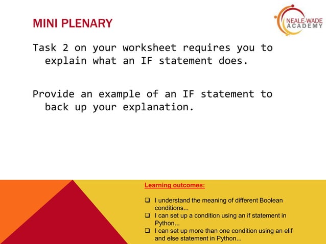 Year 7 lesson 5 if statements | PPTX | Programming Languages | Computing