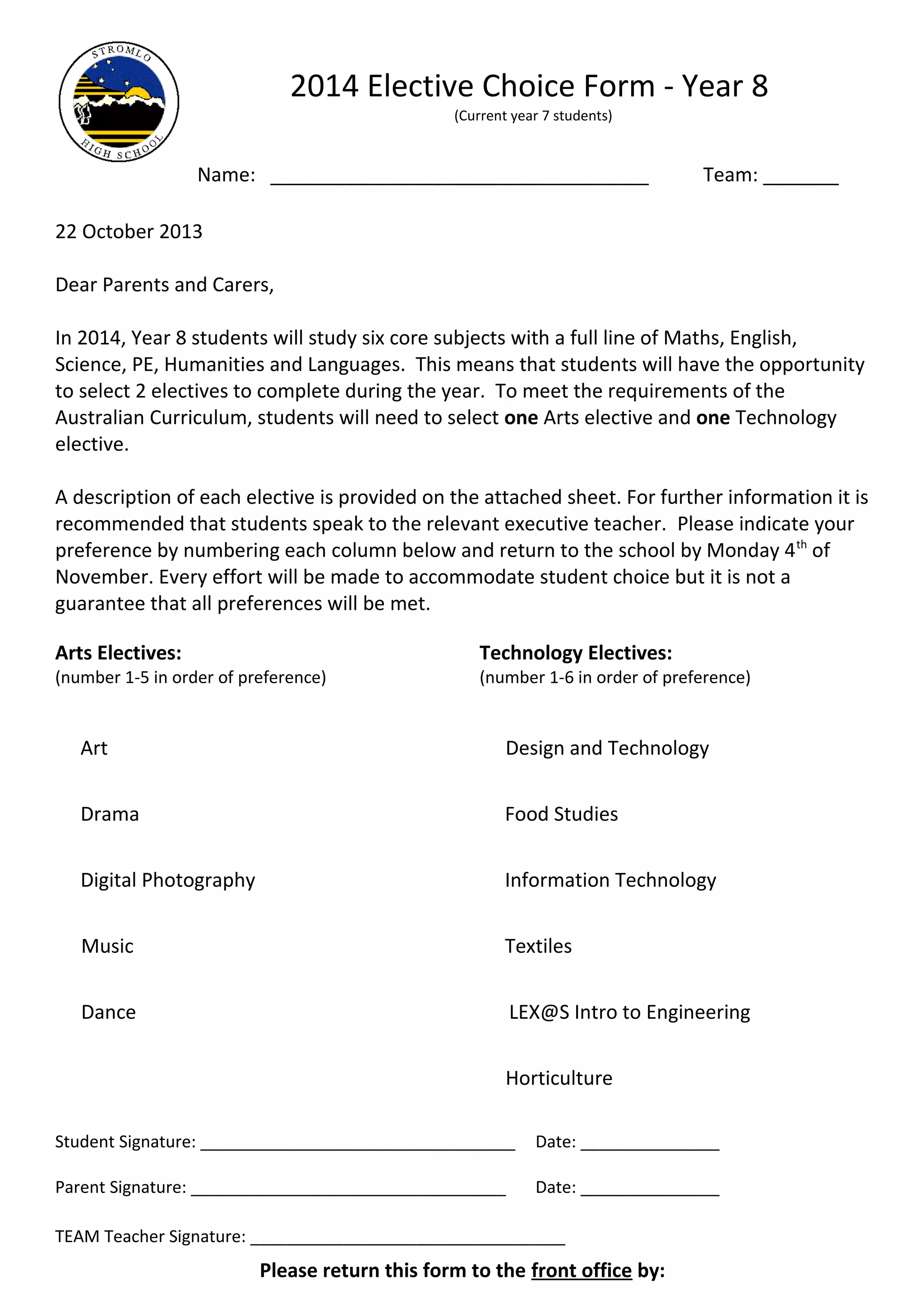 Year 8 elective choice form 2014 | DOC