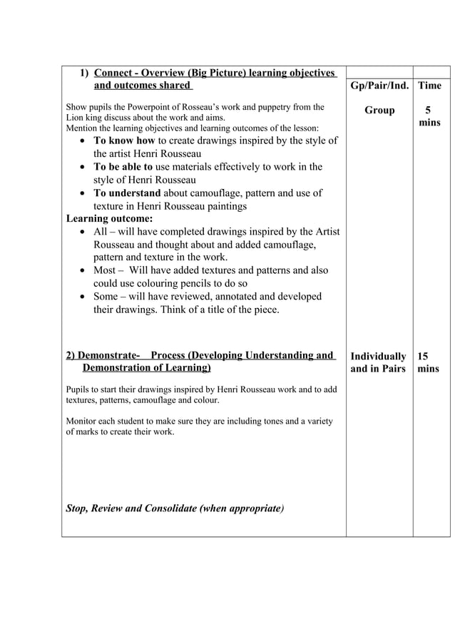 Year 8 Lesson Plan Henri Rousseau | DOC | Drawing and Sketching | Arts ...