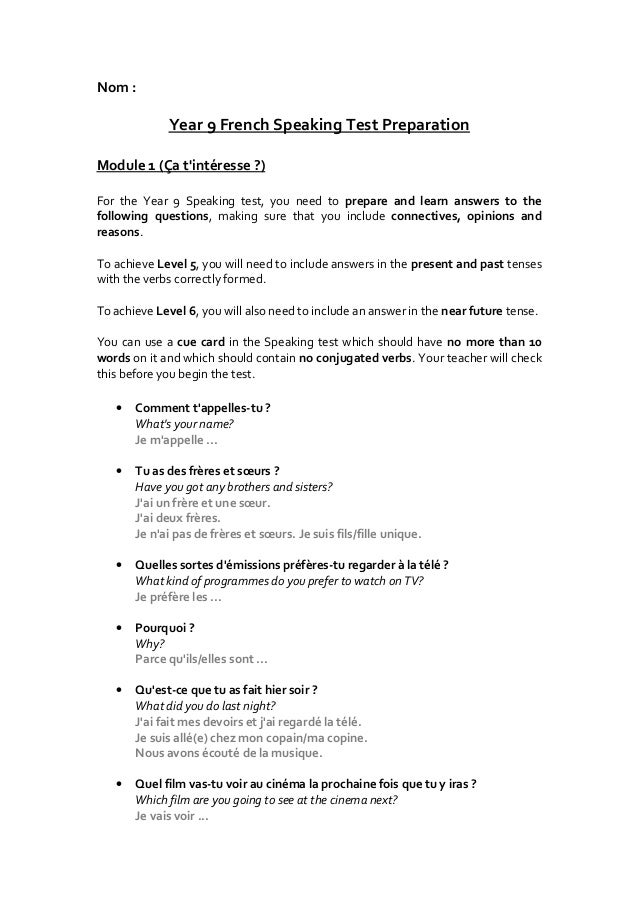 Year 9 french speaking test preparation module 1