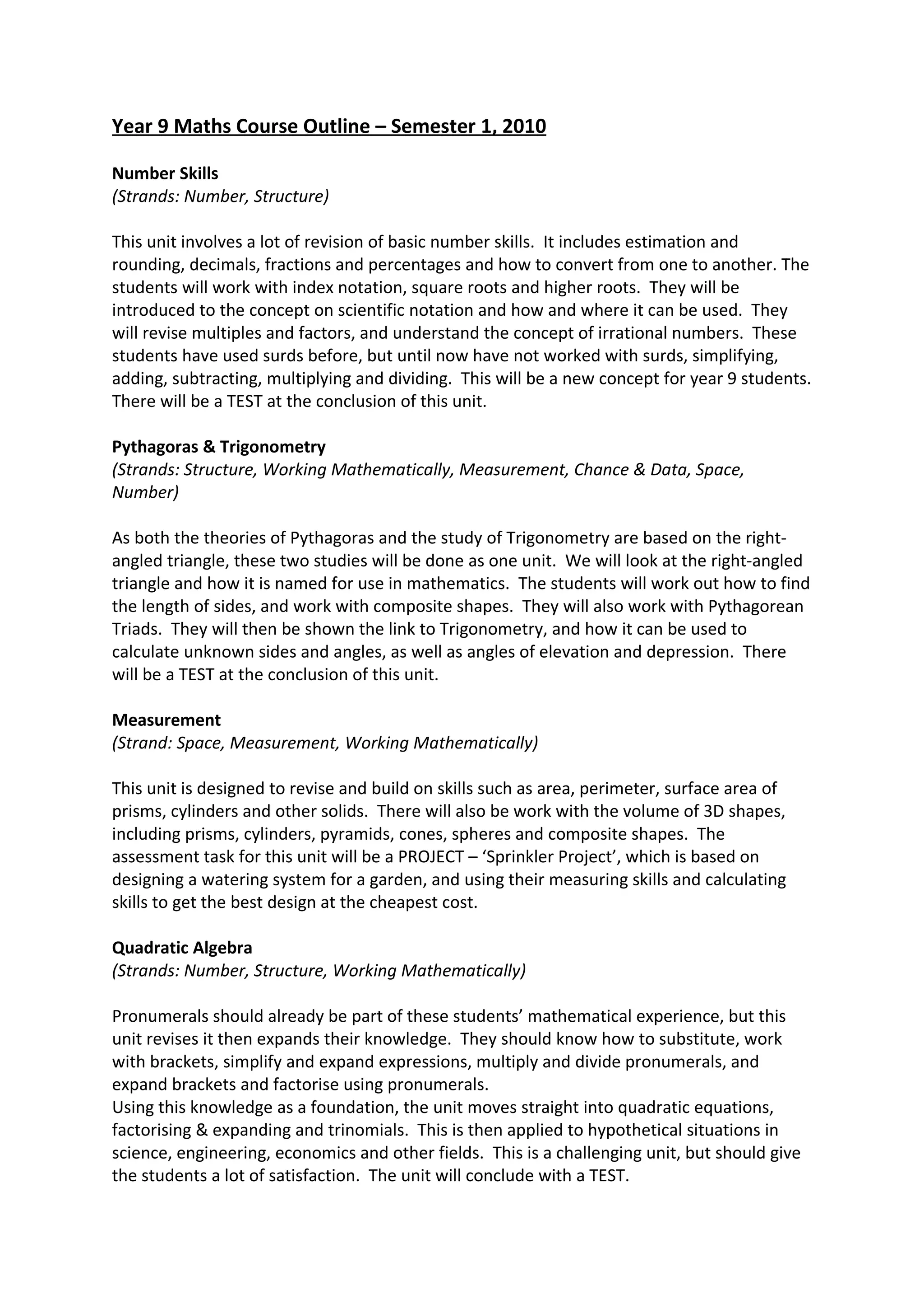 Year 9 Maths Course Outline | DOC