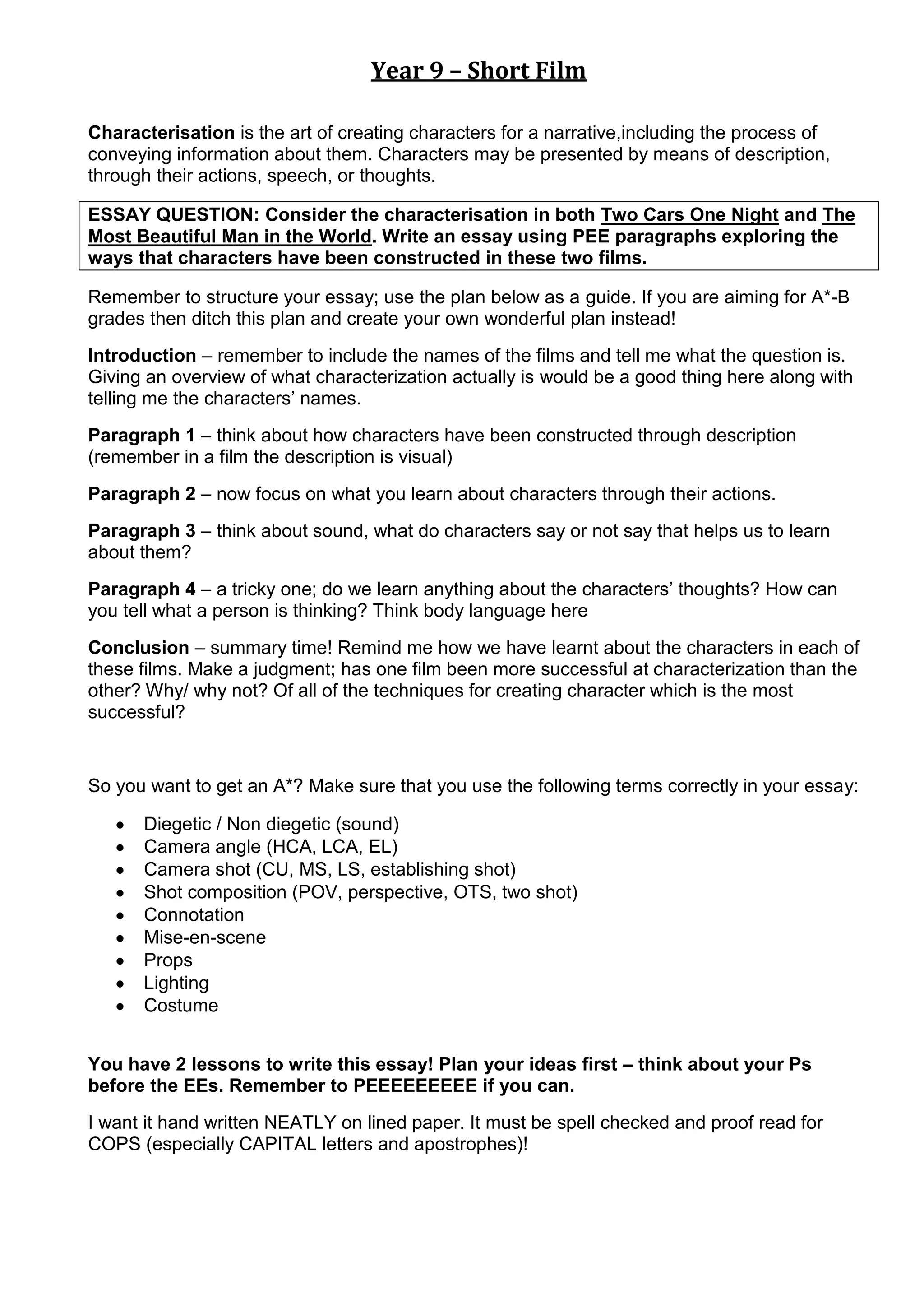 Year 9 – short film characterisation essay | DOCX