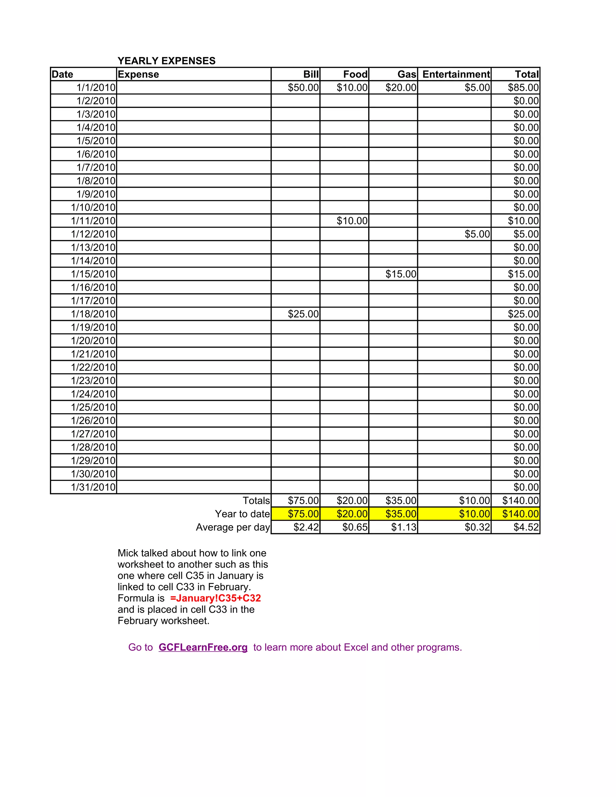 Yearly expenses worksheet | XLS