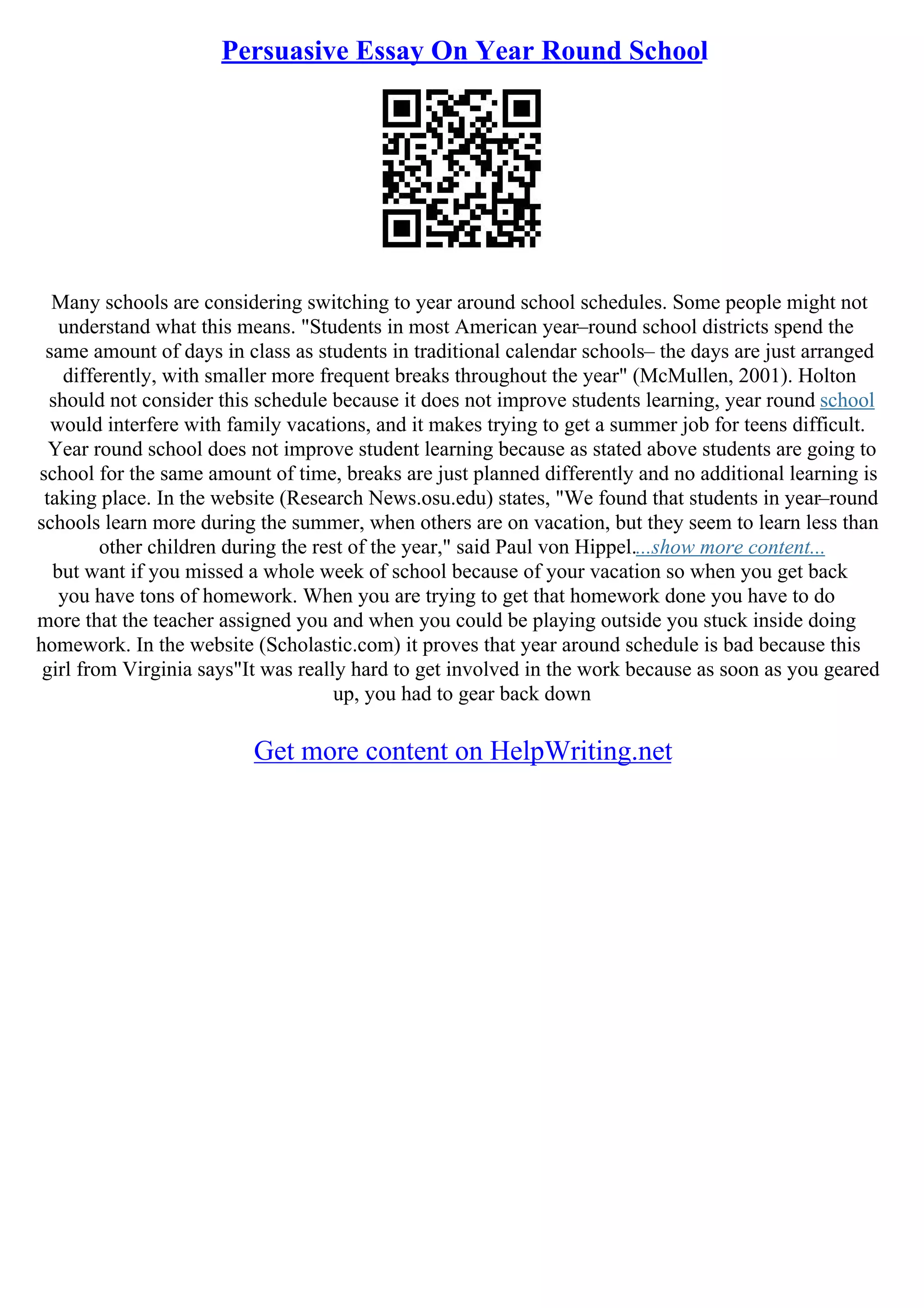 Year Round School Persuasive Essay | PDF