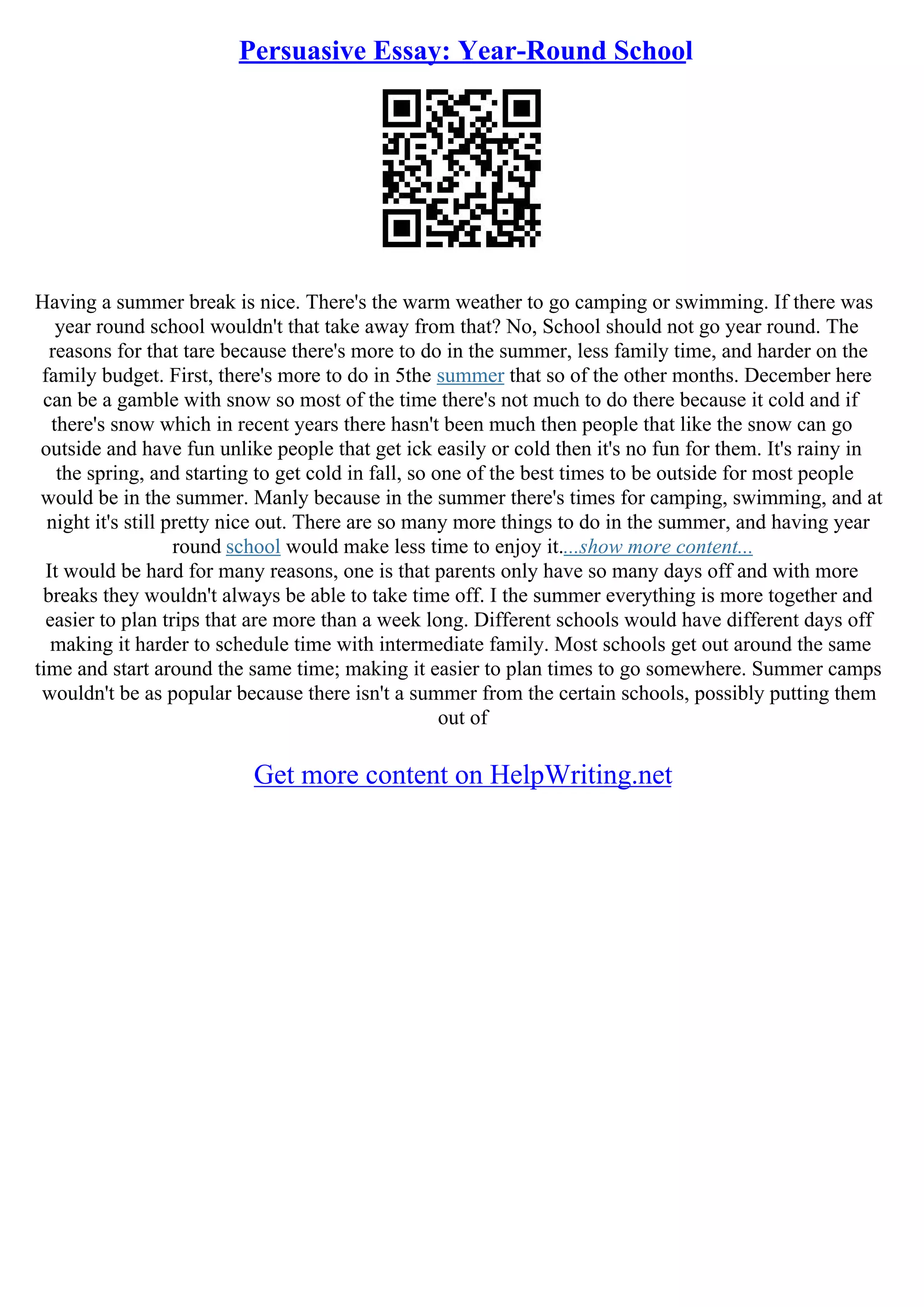 Year Round School Persuasive Essay | PDF