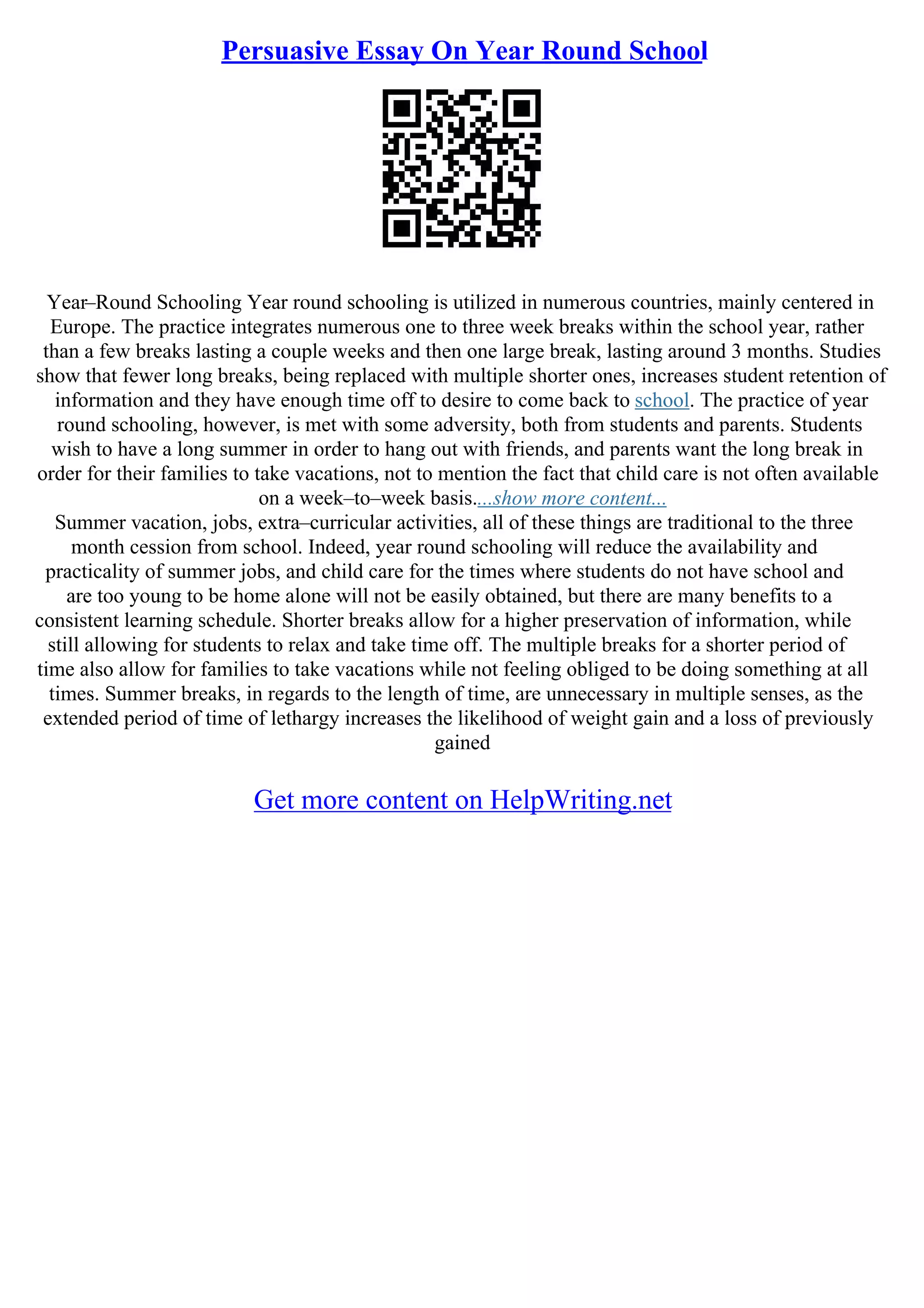 Year Round School Persuasive Essay | PDF
