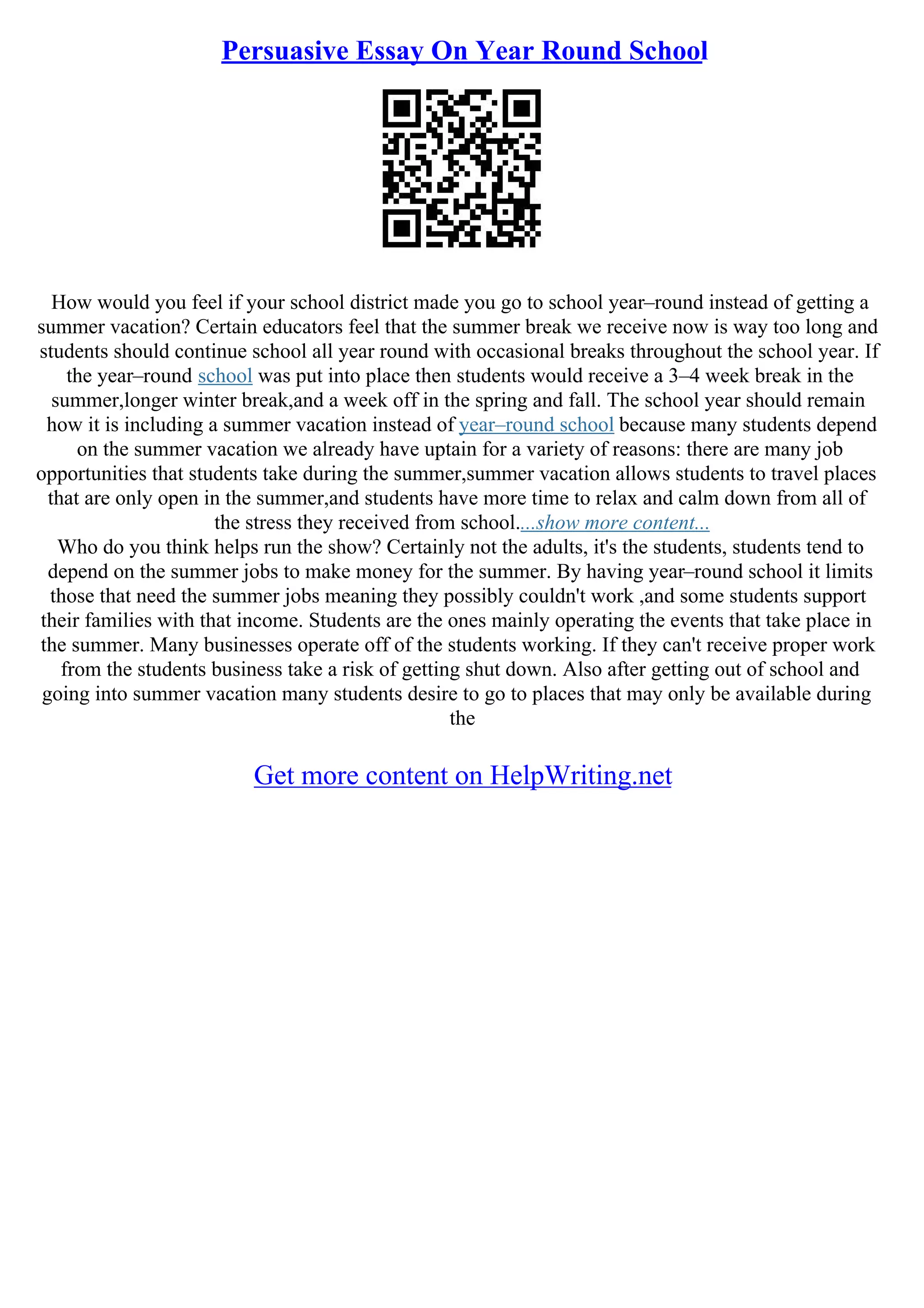 Year Round School Persuasive Essay | PDF