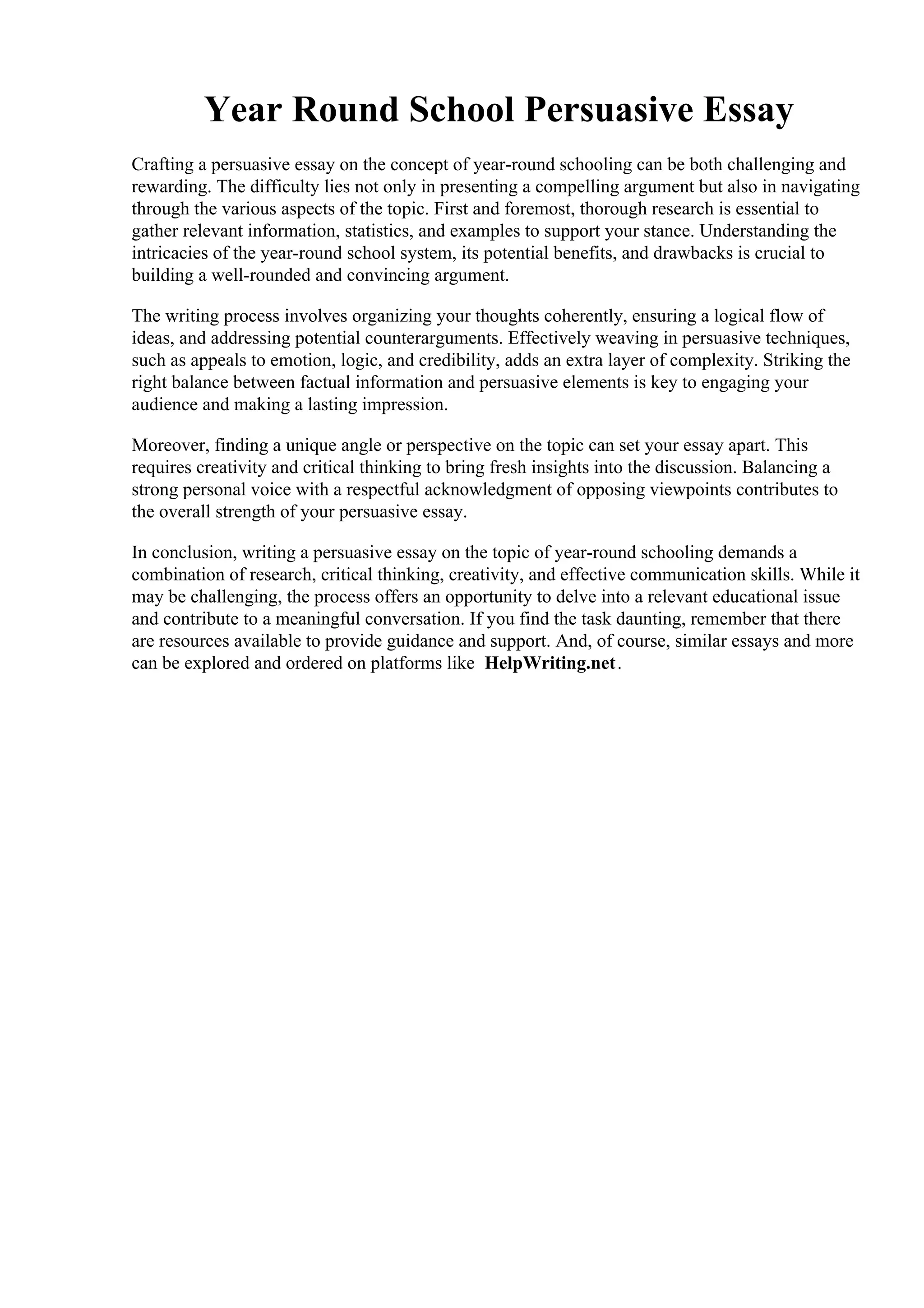 Year Round School Persuasive Essay | PDF