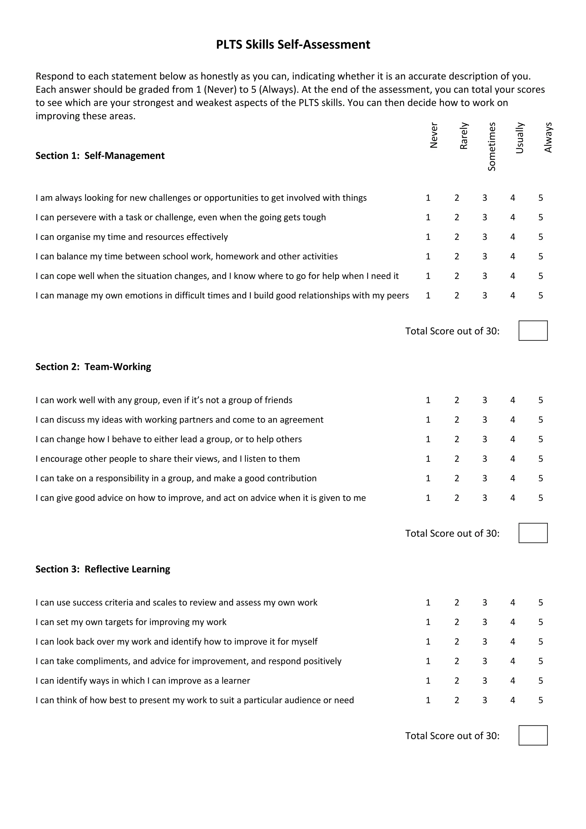 Yes Plts Skills Self Assessment | DOC
