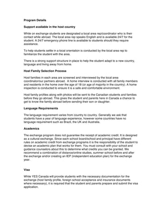 YES Canada Student Exchange Program Information | PDF
