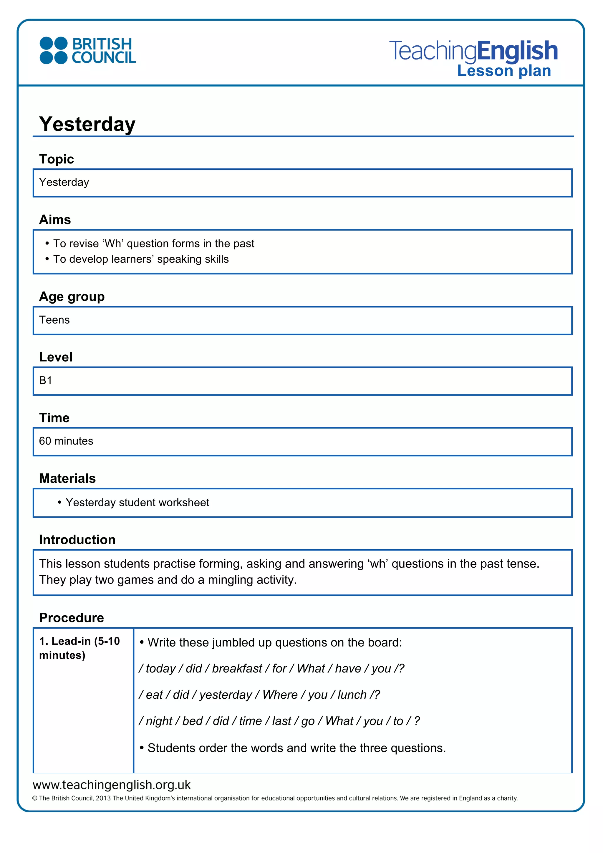 Yesterday lesson plan | PDF