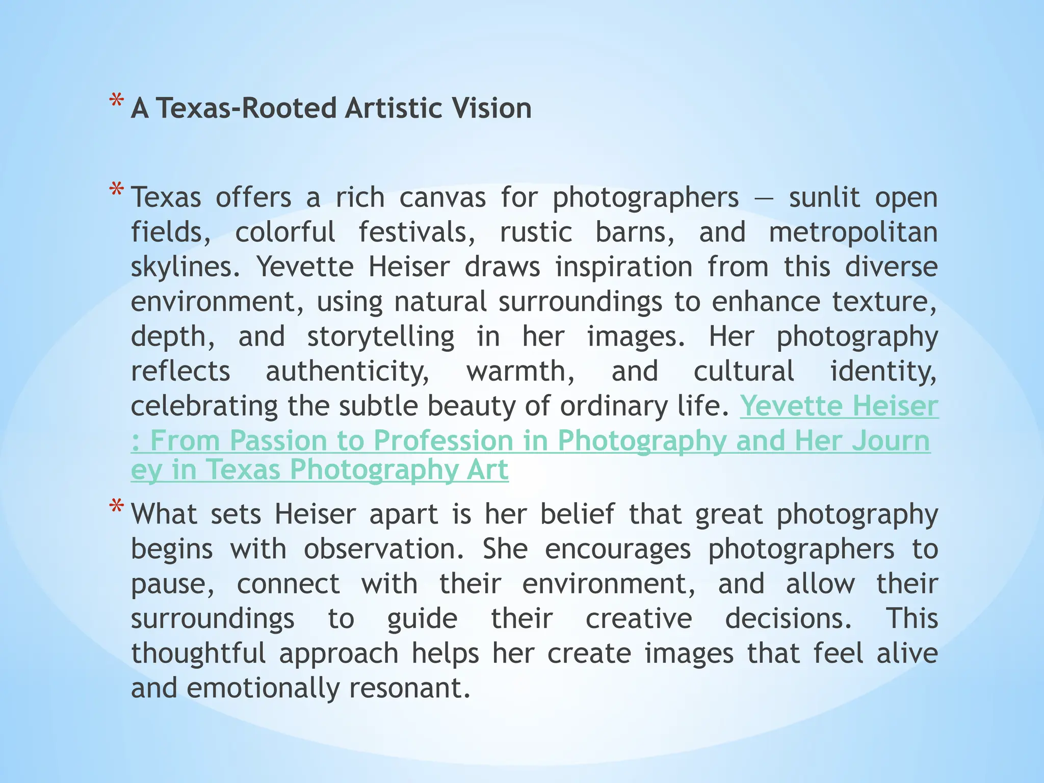 Yevette Heiser: Texas Photography Art and Techniques to Transform Phone Photos | PPTX