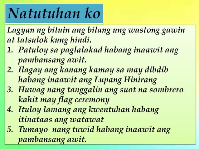 YUNIT II ARALIN 17 PAMBANSANG AWIT AT WATAWAT NG PILIPINAS BILANG MGA ...