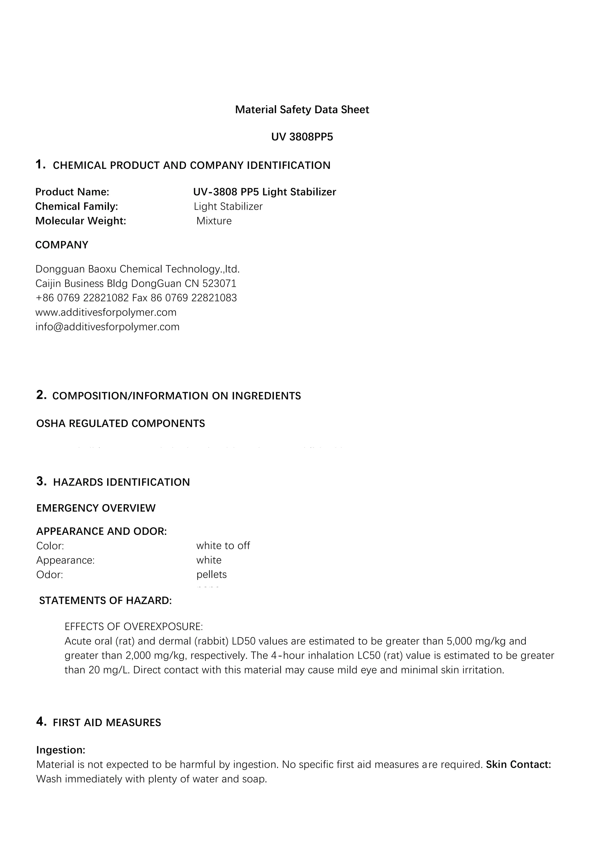 Light stabilizer uv 3808pp5 cas 167078 06-0 safety data sheet msds sds baoxu chemical | PDF