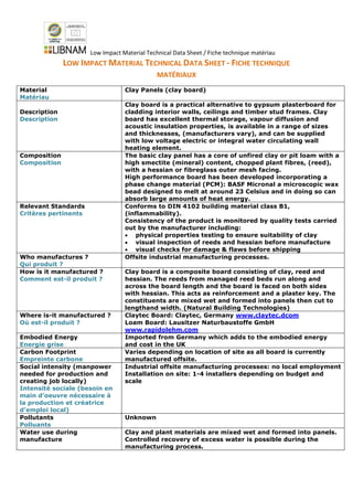 Low impact material technical data sheet clay panels | PDF