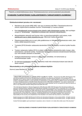 Yleisluonteinen tarkastus Suomessa - Ehdotusluonnos. Kansallinen standardi | PDF