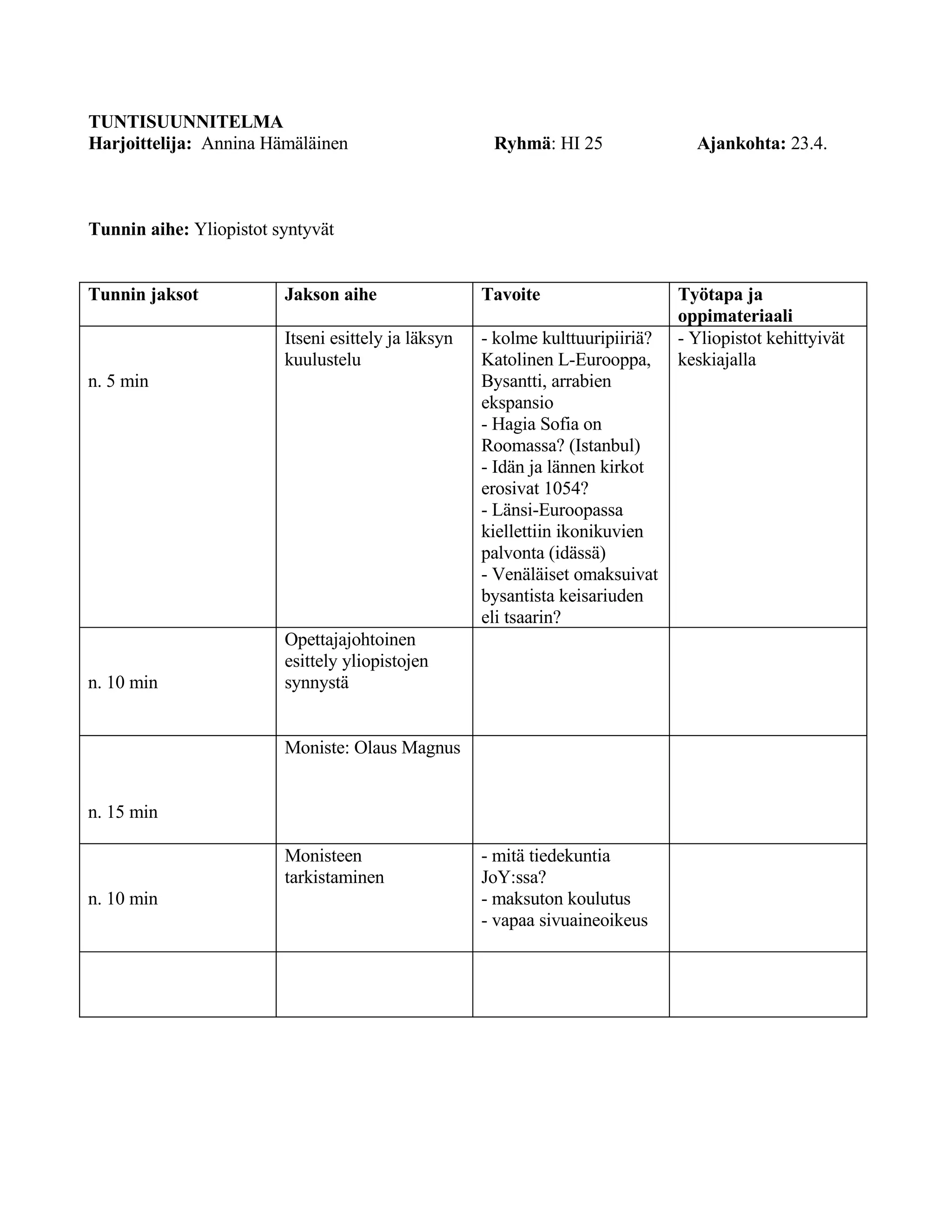 Yliopistot SyntyväT Tuntisuunnitelma | DOC