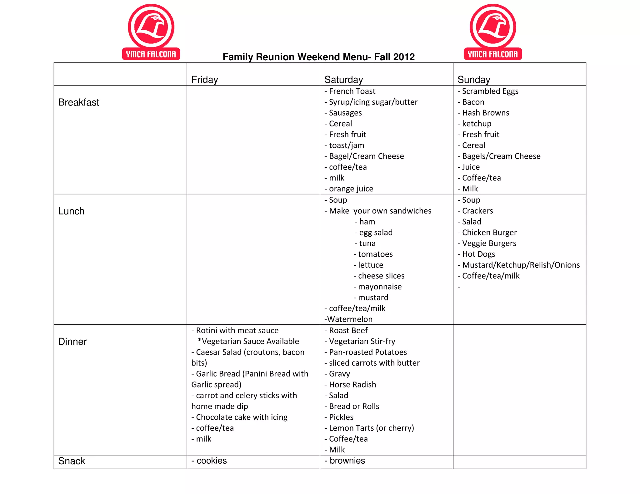 Ymca camp falcona family reunion weekend menu 2012 | PDF | Vegetarian ...