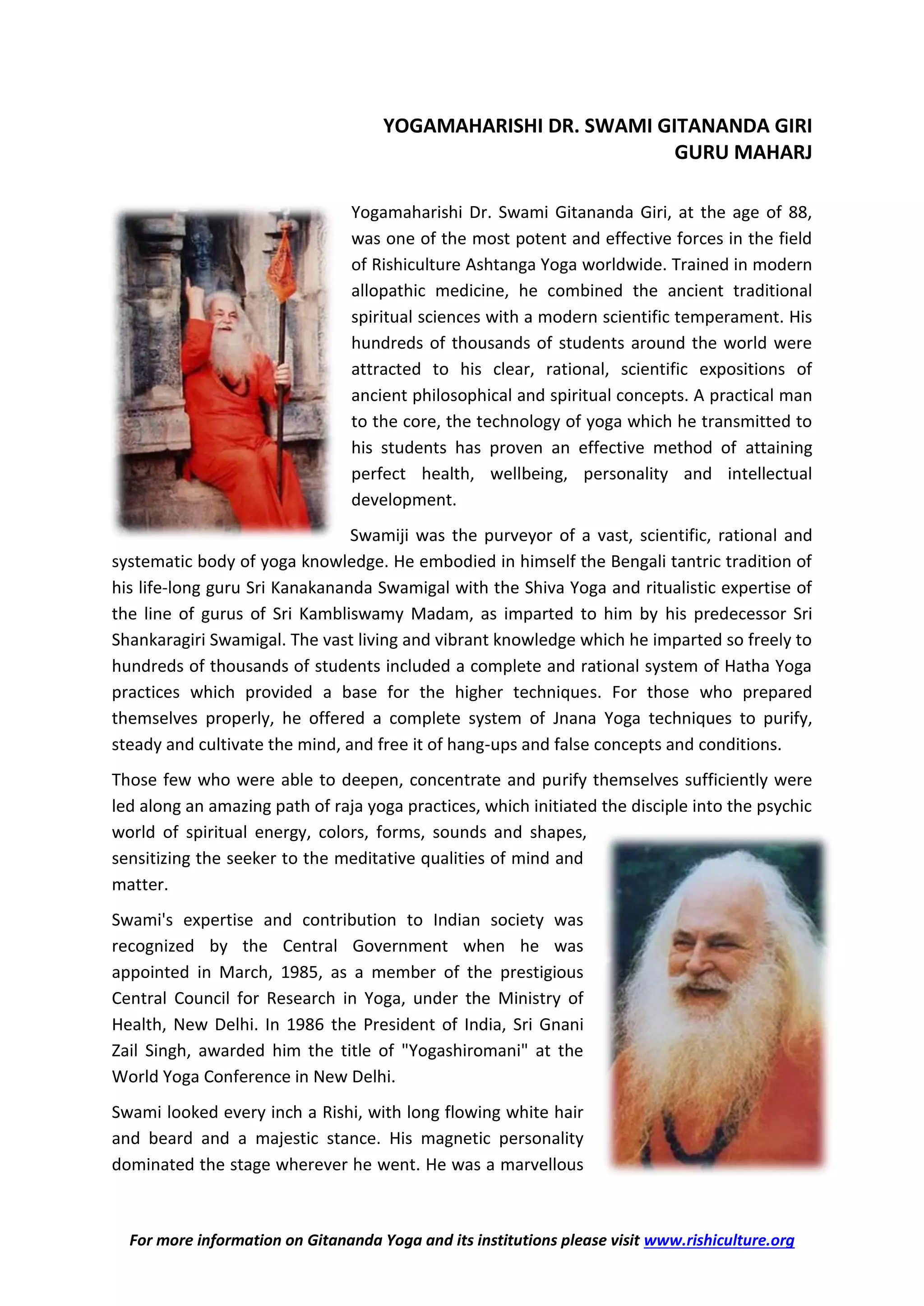 Yogamaharishi Dr Swami Gitananda Giri Guru Maharaj | PDF