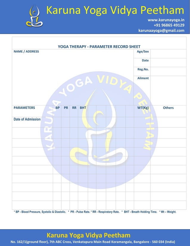 YOGA THERAPY - PARAMETER RECORD SHEET KARUNA YOGA VIDYA PEETHAM | PDF