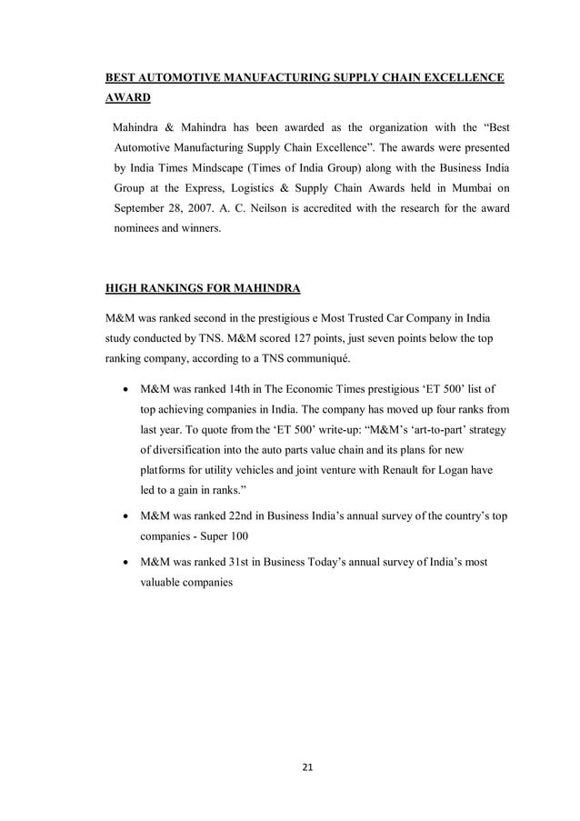 project report on mahindra and mahindra | PDF | Automotive Industry ...