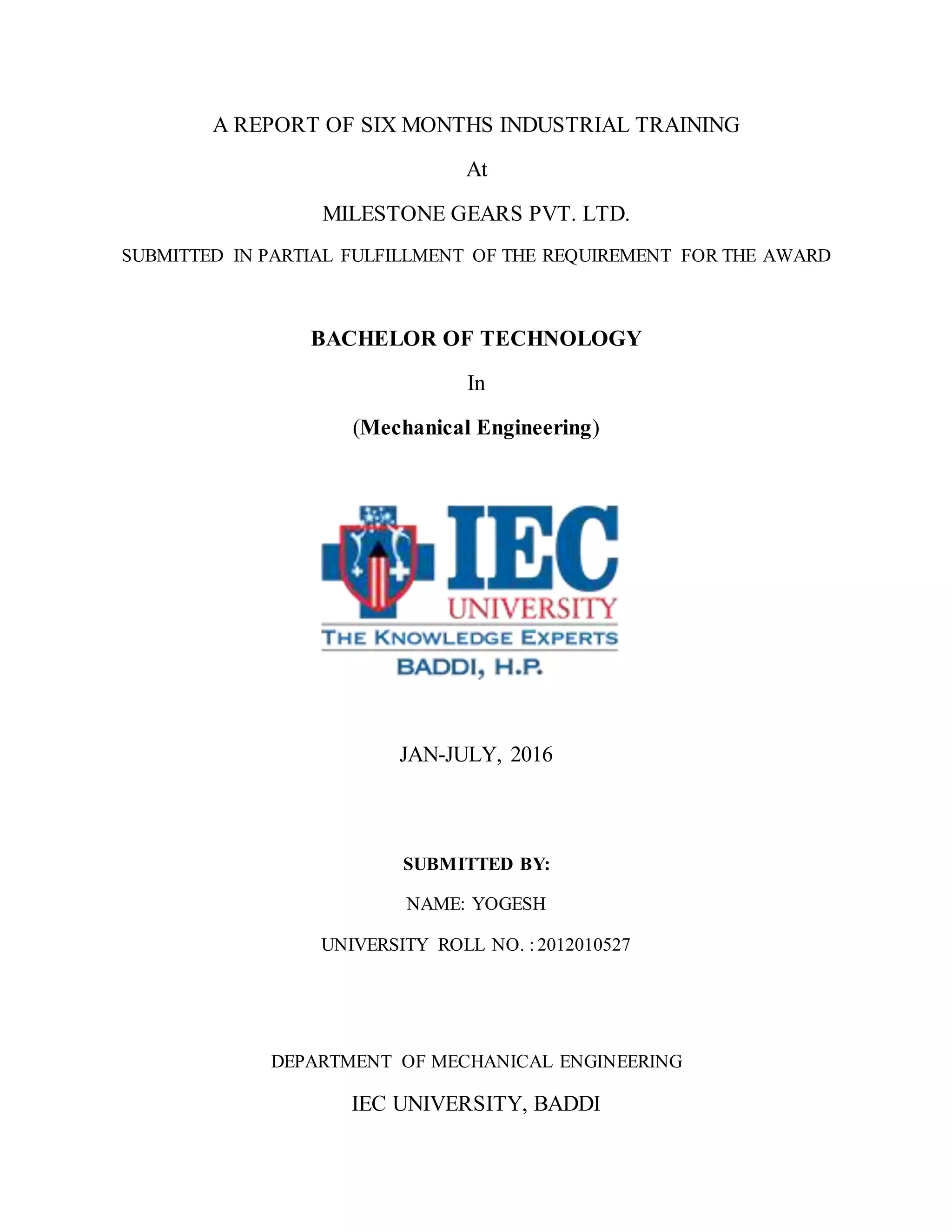 Six Month Industrial Training Report at Milestone Gears Ltd | DOCX