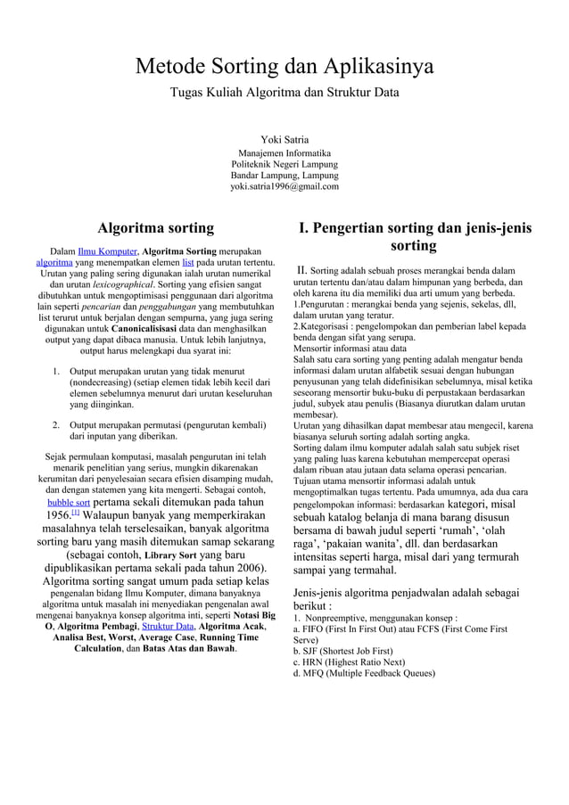 Tugas Sorting Algoritma - Yoki satria | PDF