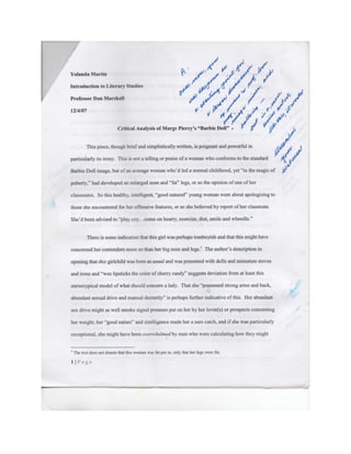 Yolanda martin's graded gsu critical analysis of marge piercey's barbie ...