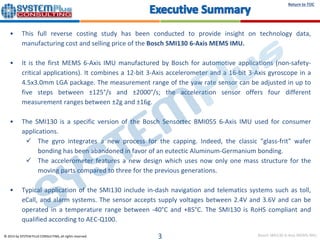 Bosch SMI130 6-Axis Automotive MEMS IMU 2015 teardown reverse costing ...