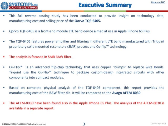 Qorvo TQF6405 High Band FEM SMR-BAW Filter iPhone 6s Plus 2016 teardown reverse costing report ...