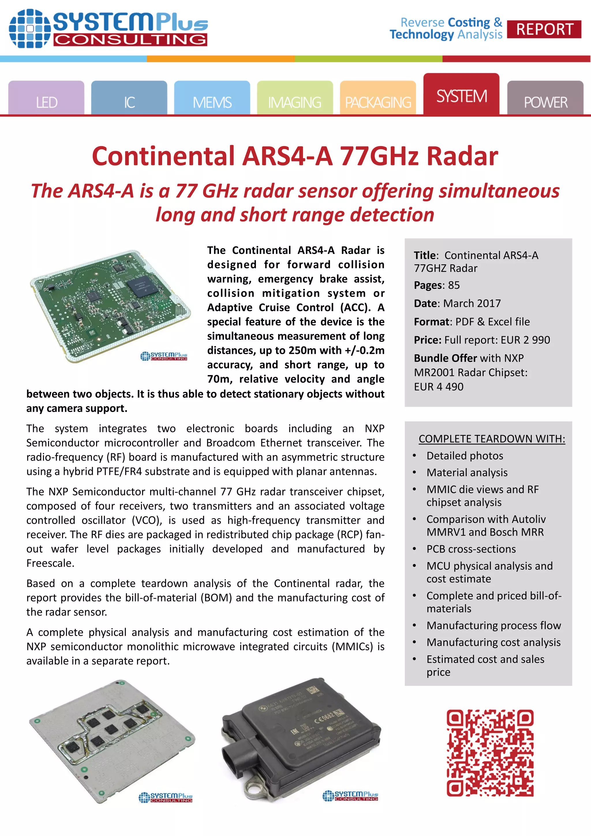 Continental ARS4-A 77GHz Radar 2017 teardown reverse costing report ...