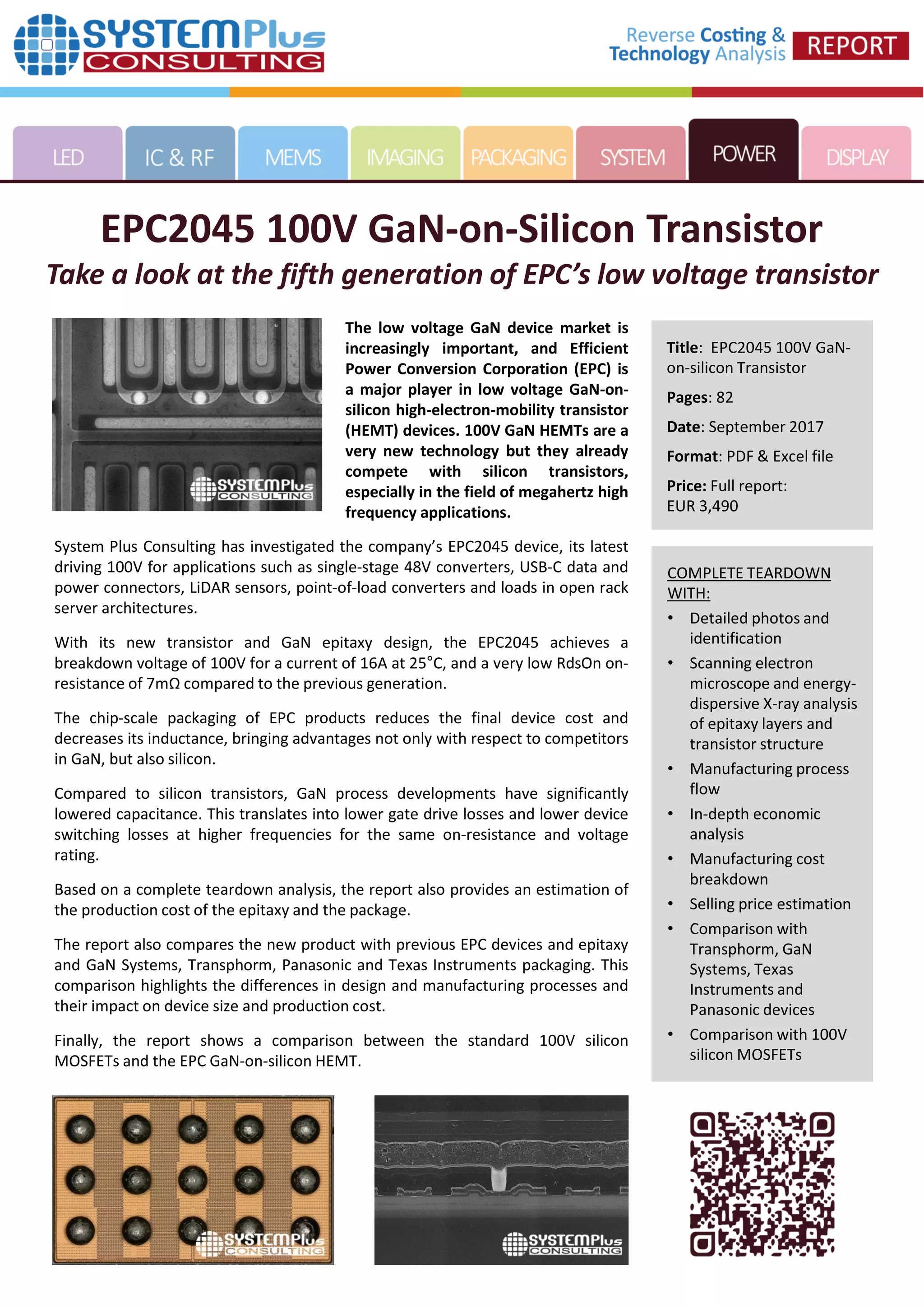 EPC2045 100V GaN-on-Silicon Transistor 2017 teardown reverse costing ...