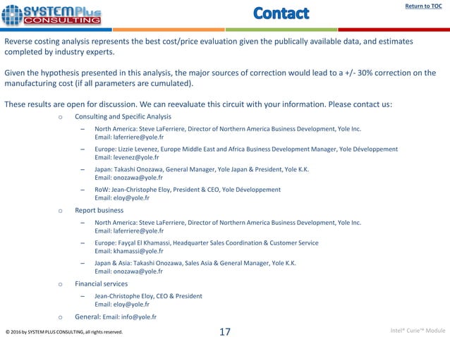 Intel® Curie™ Module High Density System In Package For Iot 2016 Teardown Reverse Costing Report