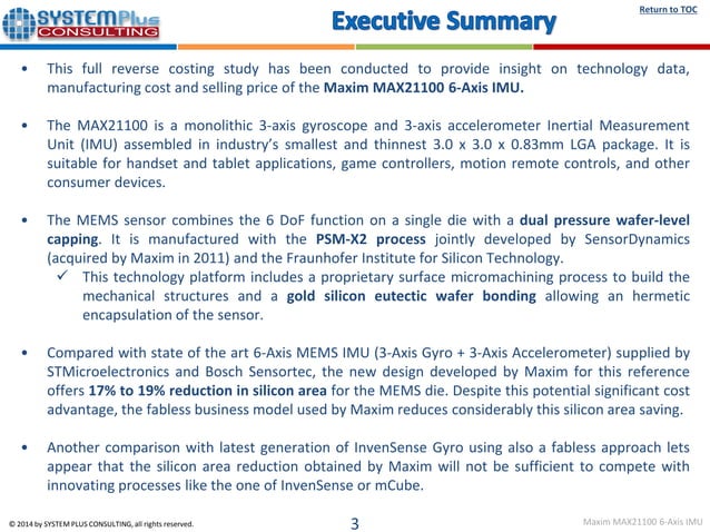 Maxim Integrated MAX21100 6-Axis MEMS IMU teardown reverse costing report published by Yole ...