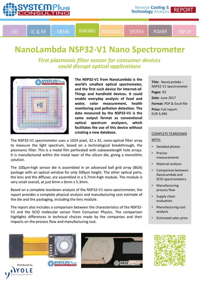 NanoLambda NSP32-V1 Nano Spectrometer 2017 teardown reverse costing report published by Yole ...