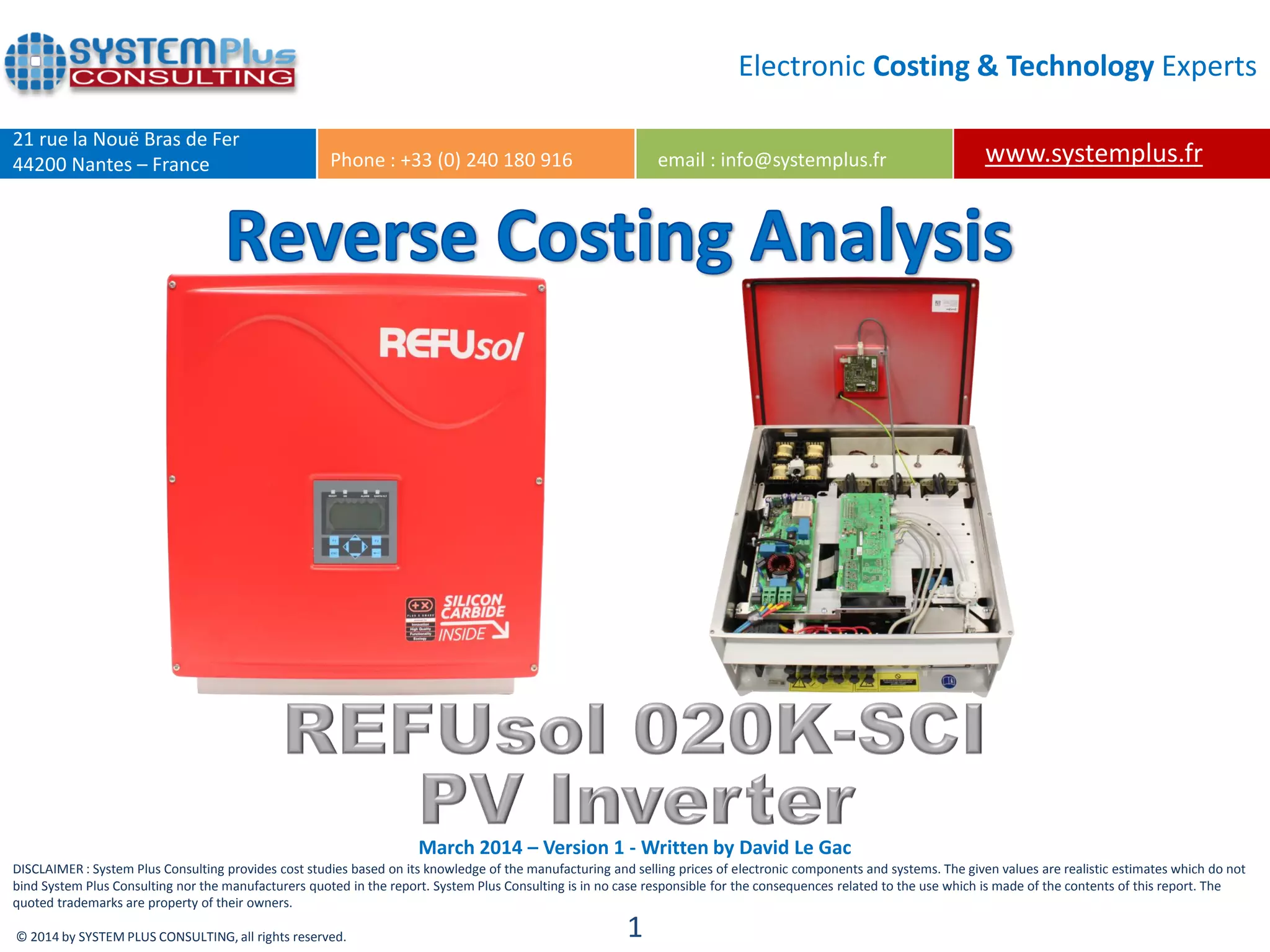 REFUsol 020K-SCI 20 KW Commercial PV Inverter teardown reverse costing ...