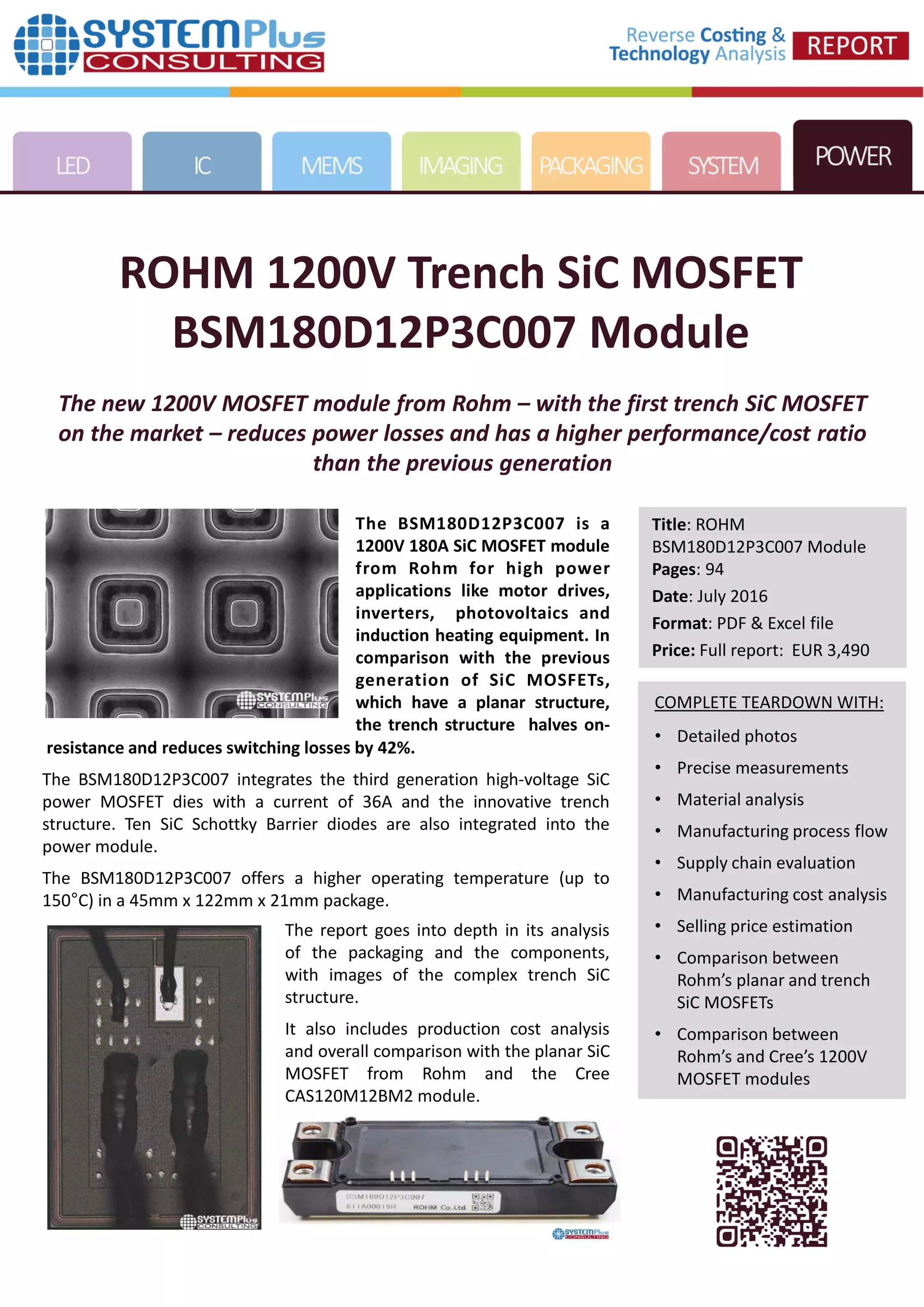 ROHM 1200V Trench SiC MOSFET BSM180D12P3C007 - teardown reverse costing report published by Yole ...