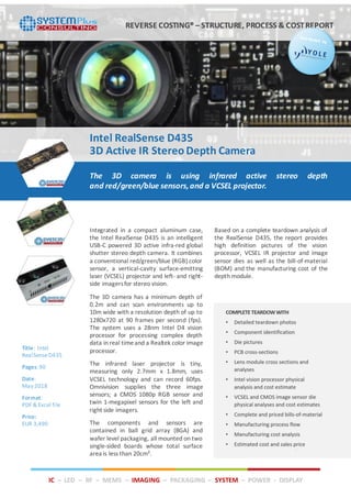 Intel RealSense D435 3D Active IR Stereo Depth Camera 2018 teardown reverse costing report ...