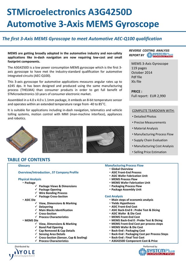 STMicroelectronics A3G4250D Automotive 3-Axis MEMS Gyroscope teardown reverse costing report ...