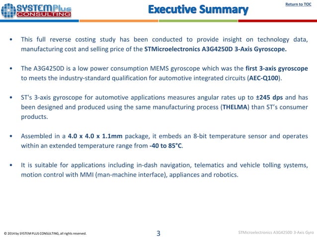 STMicroelectronics A3G4250D Automotive 3-Axis MEMS Gyroscope teardown reverse costing report ...
