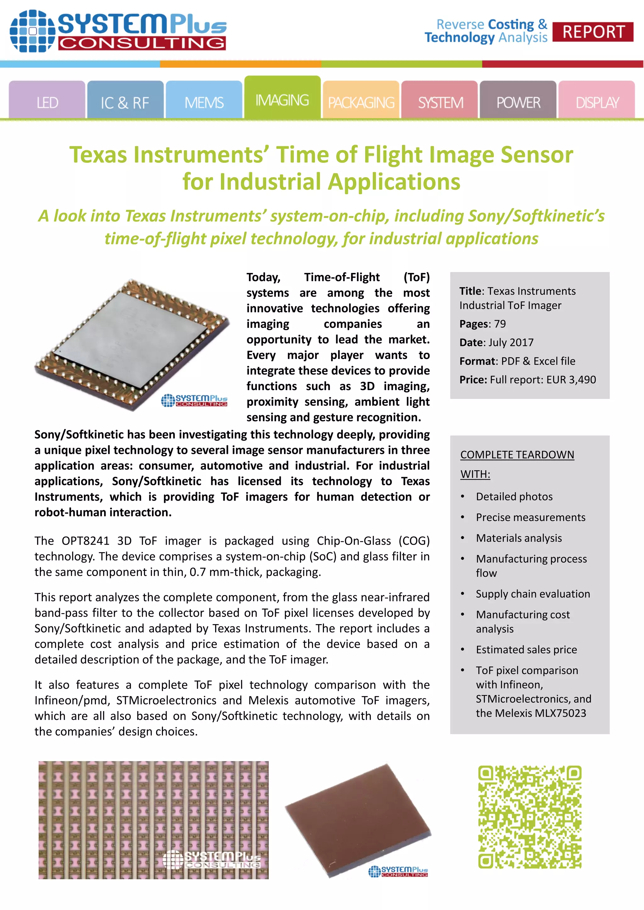 Texas Instruments’ Time of Flight Image Sensor 2017 teardown reverse costing report published by ...