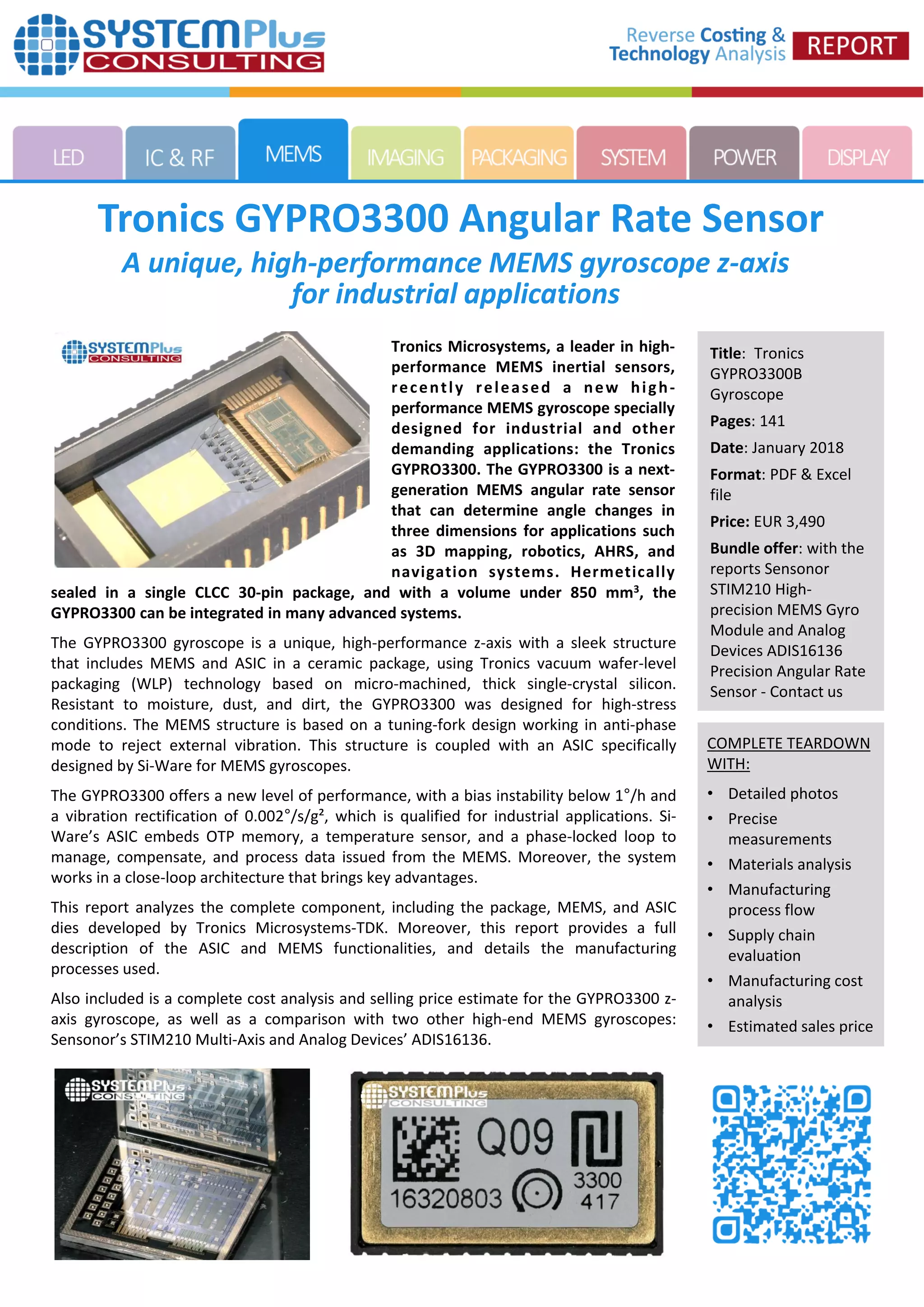 Tronics GYPRO3300 Angular Rate Sensor - reverse costing report published by System Plus | PDF