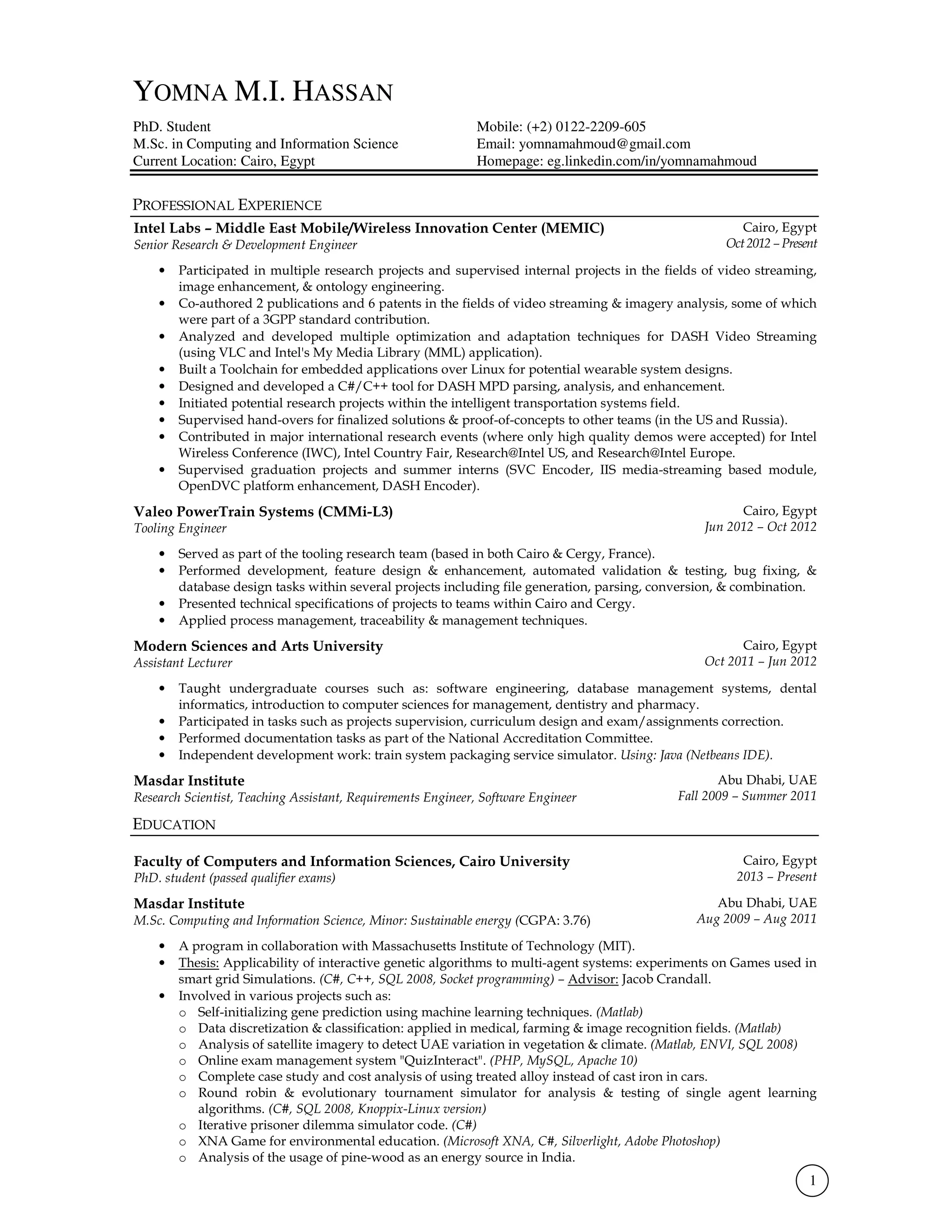 Yomna Hassan CV 2014 | PDF | Computing | Technology & Computing