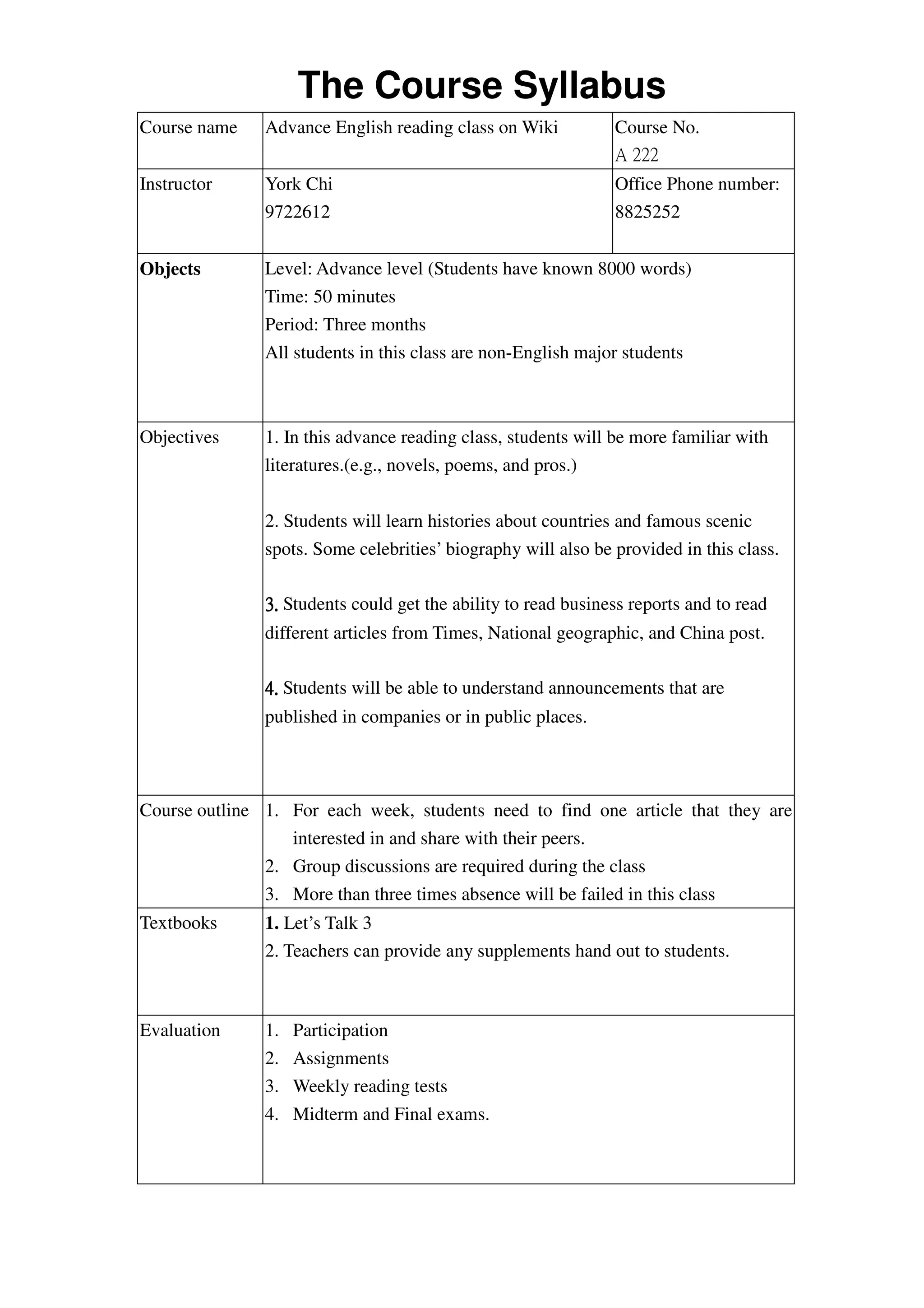 York The Course Syllabus | PDF