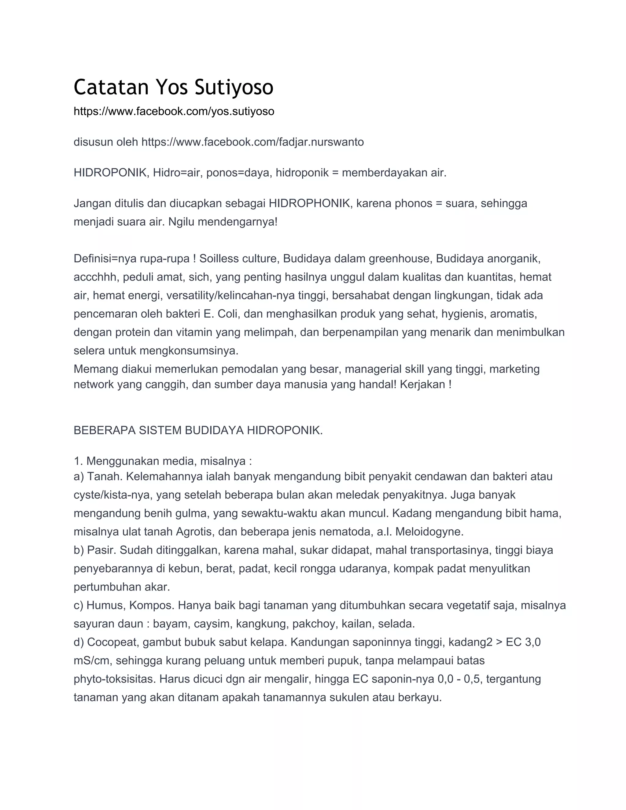 Yos sutiyoso : Catatan Penting Hidroponik | PDF